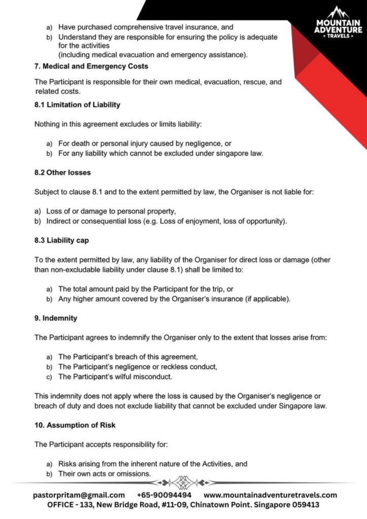 Mountain Adventure Travels Singapore Indemnity Form – Personal ...